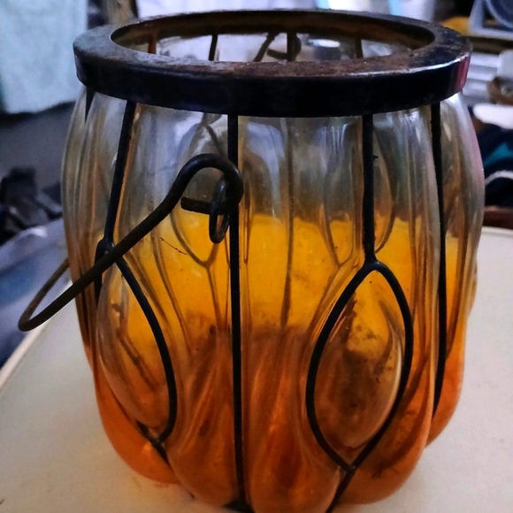 Accents | Vintage Antique Hand Blown Amber Glass Wrought Iron Candle ...